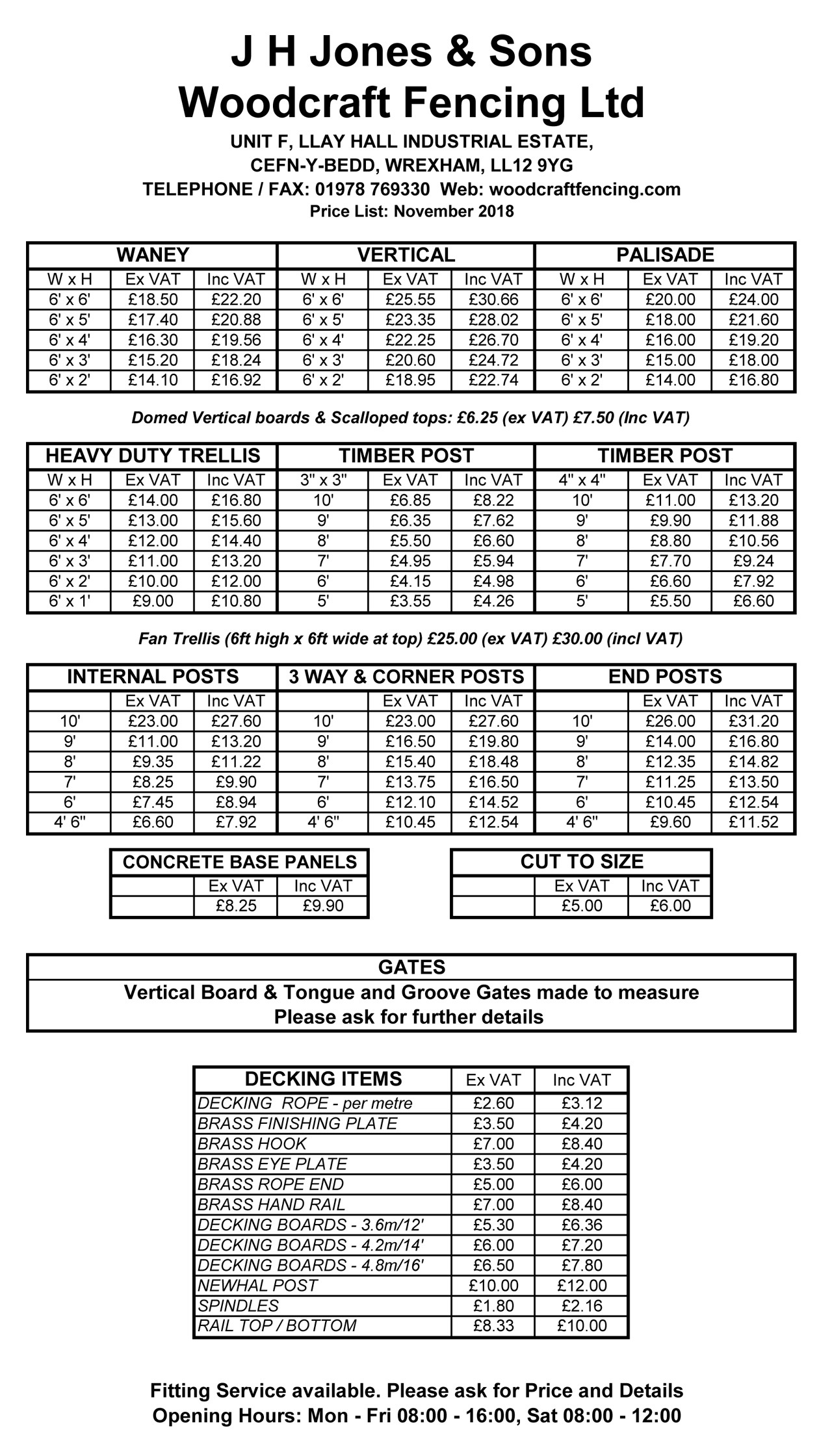 Price List | J. H. Jones Woodcraft Fencing