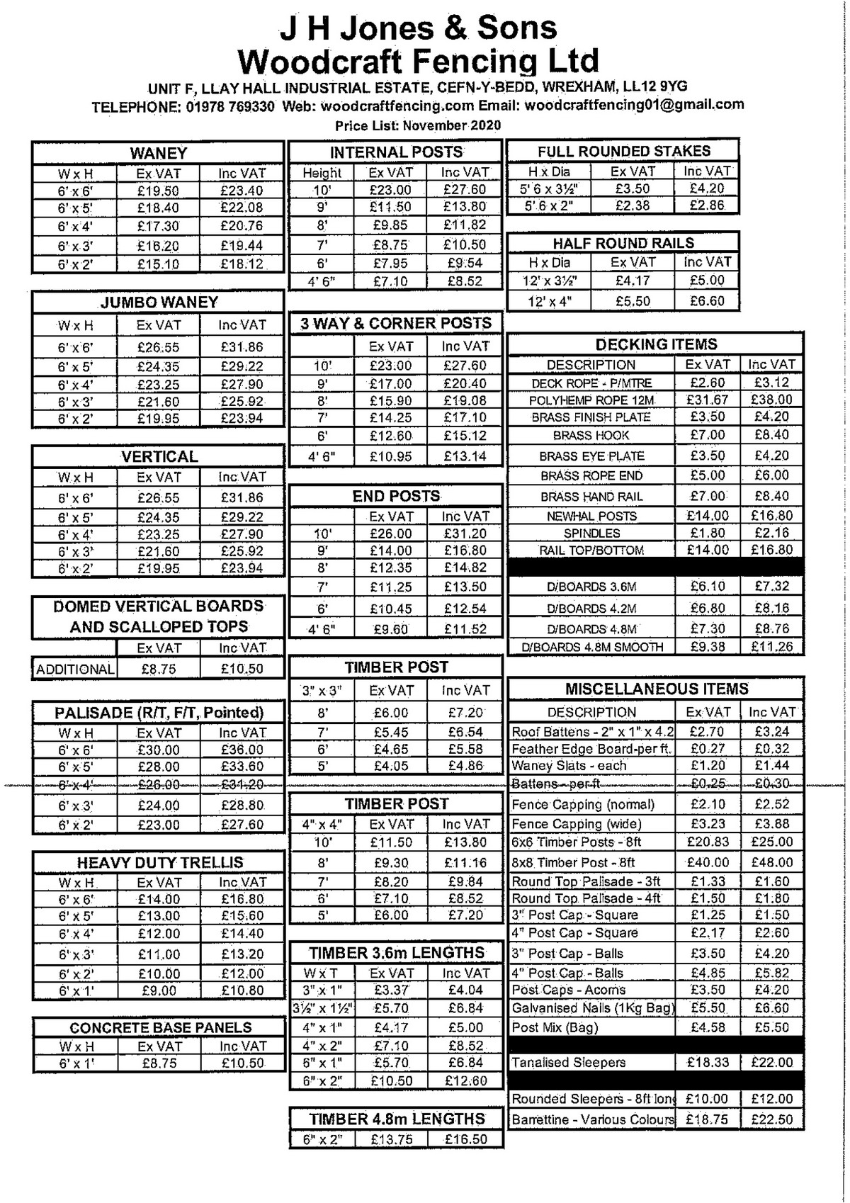 Price List | J. H. Jones Woodcraft Fencing